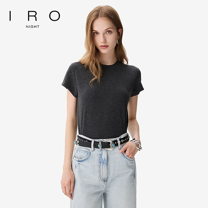 IRO NIGHT 纯色圆领短袖柔软宽松百搭含棉法式轻奢25秋季新款 烟灰色 XS【图片 价格 品牌 报价】-京东
