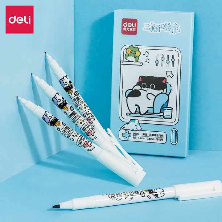 【得力（deli）SN210】得力（deli）三顾喵庐双头勾线笔小白笔0.5mm/1.2mm水性记号笔马克笔学生儿童文具美术 6支/盒 ...