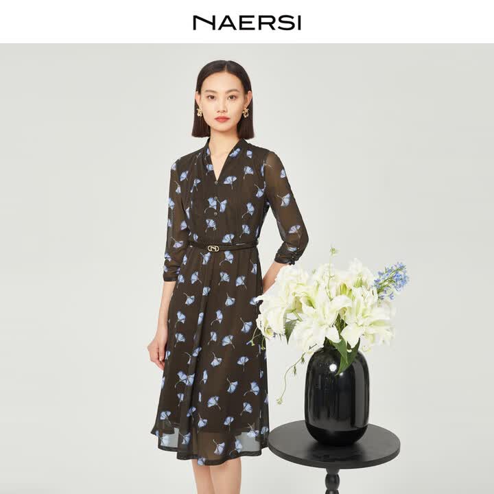 娜尔思（NAERSI）时尚气质V领印花连衣裙年夏季新款裙子(配腰带) 中橙黄色 L【图片 价格 品牌 报价】-京东