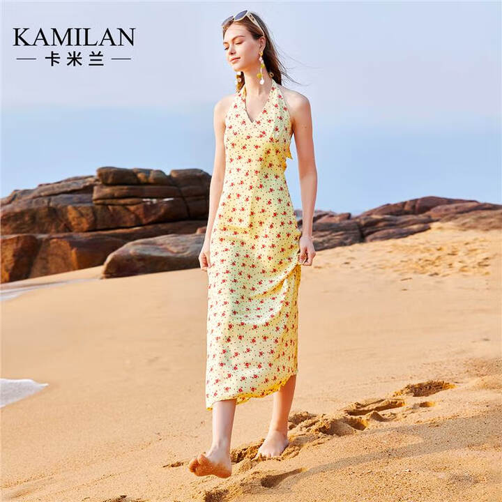 卡米兰（kamilan）法式挂脖吊带连衣裙女2025夏季新款中长款海边度假沙滩裙 黄底花色 L【图片 价格 品牌 报价】-京东