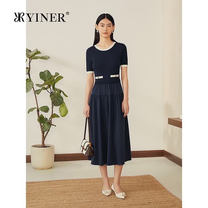 YINER音儿2025年夏季女装法式优雅高智感弹力假两件收腰连衣裙 藏蓝 L 40【图片 价格 品牌 报价】-京东