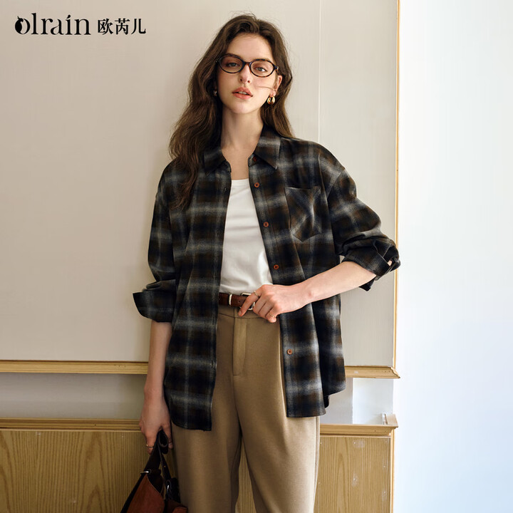 Olrain欧芮儿复古格子休闲宽松衬衫女秋装新款通勤百搭上衣 格子 S【图片 价格 品牌 报价】-京东