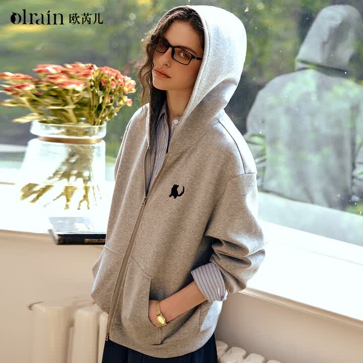 【OlrainO57QW001216】Olrain欧芮儿灰色休闲连帽猫咪刺绣显瘦卫衣外套女装秋季 灰色 S【行情 报价 价格 评测】-京东