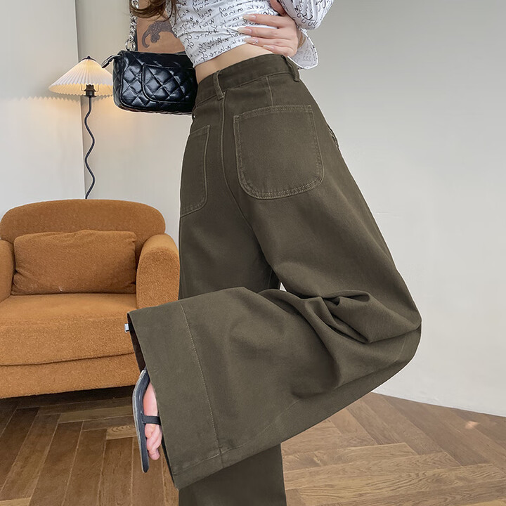 MODX咖色牛仔阔腿裤女宽腿遮肉显瘦春秋季新款高腰女士垂感拖地长裤子 咖色-长裤-单裤【身高158-165CM M 【建议95-110斤 ...