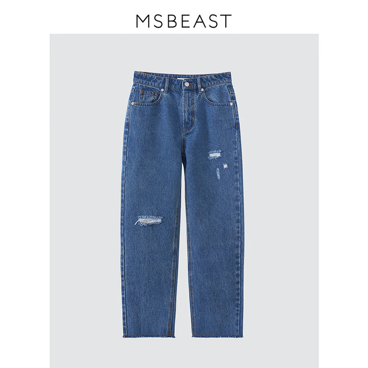 MSBEAST野兽小姐 土耳其进口BOSSA牛仔裤拉腿显瘦高腰破洞九分毛边直筒裤 中蓝 S【图片 价格 品牌 报价】-京东