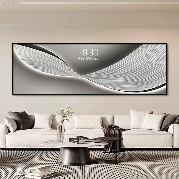 俗写现代轻奢客厅装饰画挂钟高级感沙发背景墙钟表挂墙卧室床头挂画 T131261 180*60【水晶面+铝合金黑框】 【普通款无灯】数显插电款 ...