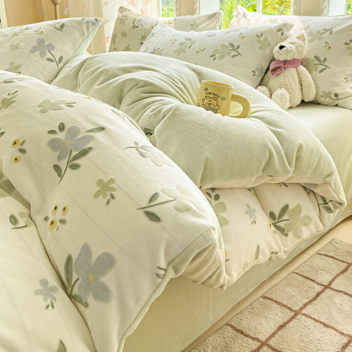 Lady Laura富安娜出品牛奶绒四件套冬季加厚珊瑚法兰绒面被套床上床单三件套 邂逅浅荷绿 床单款 1.5m四件套【图片 价格 品牌 报价】-京东