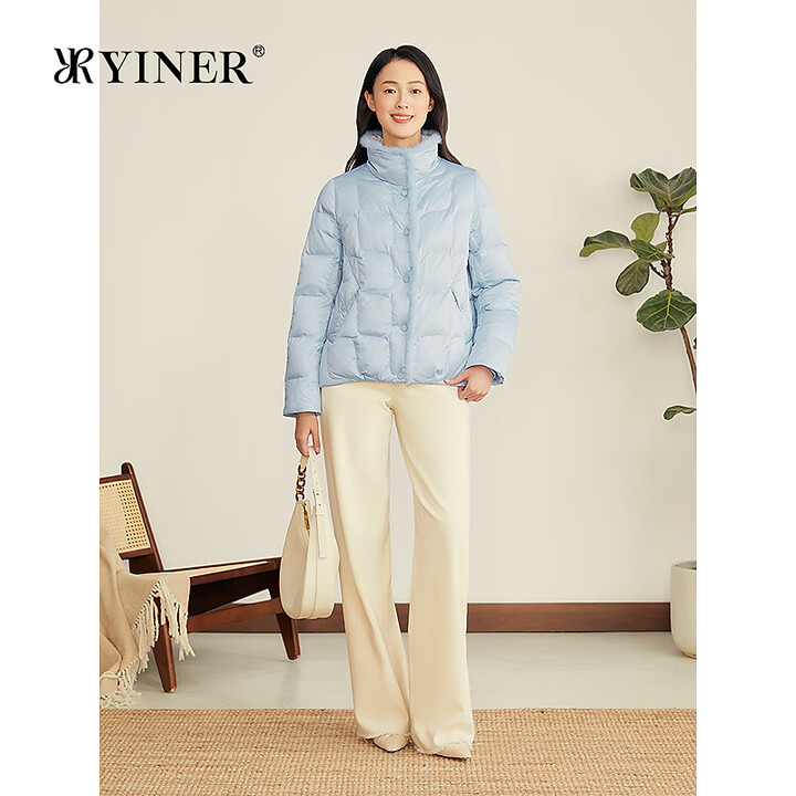 YINER音儿专选2025秋季新款法式柔光缎面水貂毛边立领H型羽绒服 浅蓝 M【图片 价格 品牌 报价】-京东