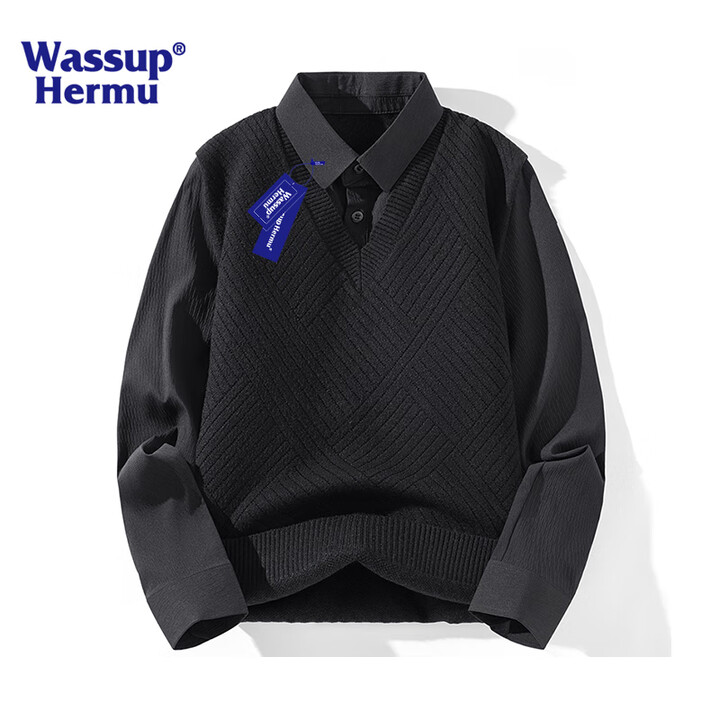 WASSUP HERMU官方衬衫领毛衣男秋冬季假两件针织衫男士打底衫高级感毛线衣外套 黑色 XL （推荐120-135斤）【图片 价格 品牌 ...