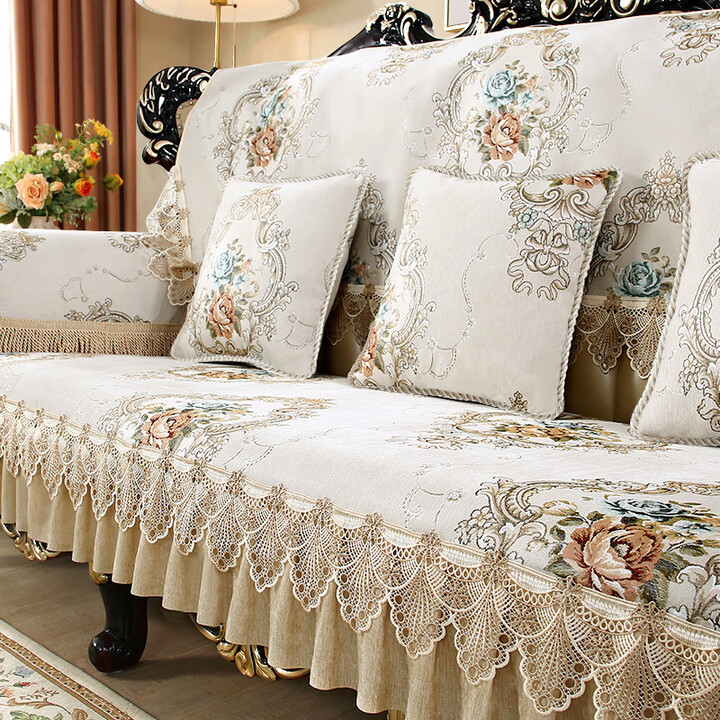 索菲娜 沙发垫坐垫防滑皮沙发专用垫子欧式沙发套保护罩 YZ艾莲裙边款-米色(雪尼尔) 坐垫(80+20裙摆)*210cm 一片【图片 价格 ...