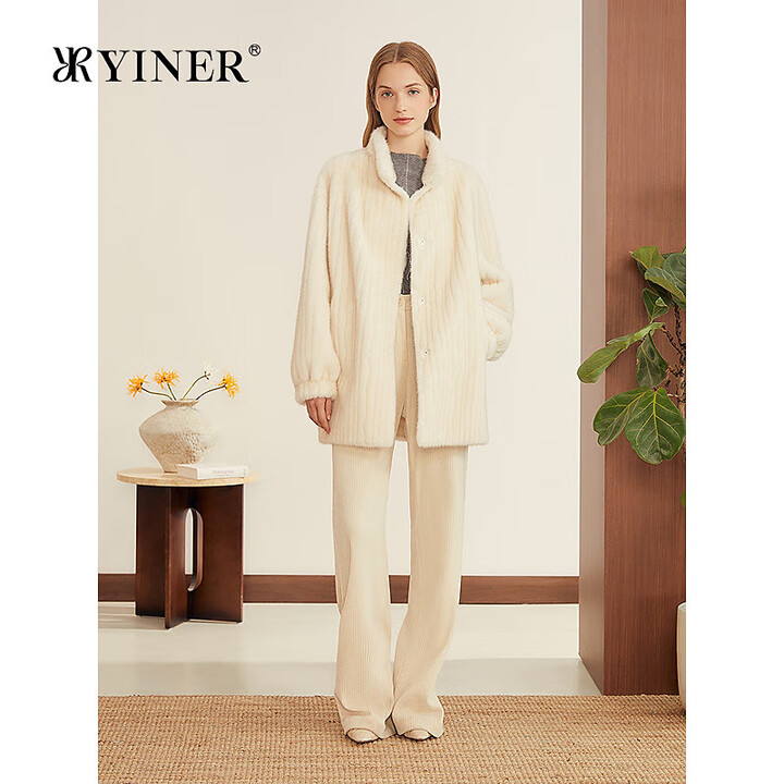 YINER音儿专选2025秋季新款中长款H型小立领仿水貂环保皮草外套 米白 S【图片 价格 品牌 报价】-京东