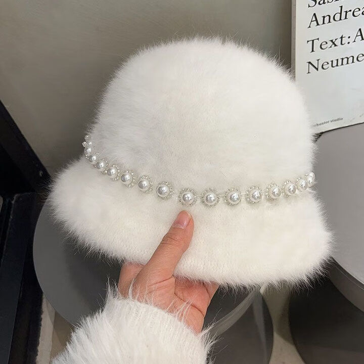 纪郁气质优雅兔毛渔夫帽女秋冬珍珠蝴蝶结甜美可爱毛绒绒保暖防寒盆帽 白色（大珍珠兔毛盆帽） 可调节54-58cm【图片 价格 品牌 报价】-京东