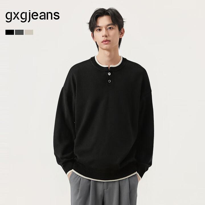 gxg.jeans男装* 多色假两件宽松基础亨利领毛衣线衫男 25秋新品 黑色 M (170)【图片 价格 品牌 报价】-京东