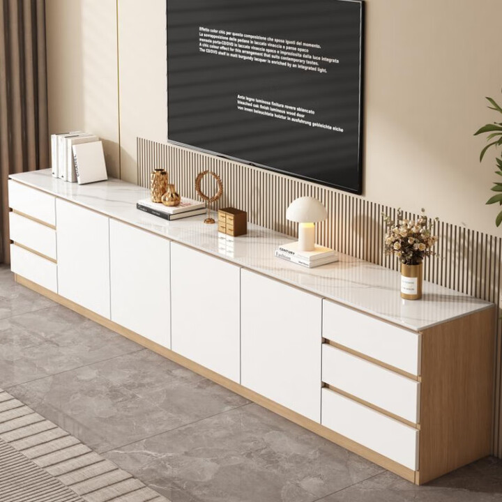 源氏木语品质实木电视柜岩板收纳储物柜一体客厅家用落地柜轻奢感电视机柜 玉兰白＋灰橡木+雪山白岩板 200x40x60cm x 上门安装【图片 ...