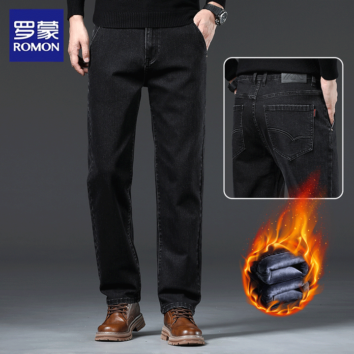 罗蒙高端棉弹牛仔裤男士2025秋冬季厚款宽松直筒休闲裤子商务百搭男裤 9116A黑灰色【加绒加厚】 40 （3尺1 建议200斤左右）【图片 ...