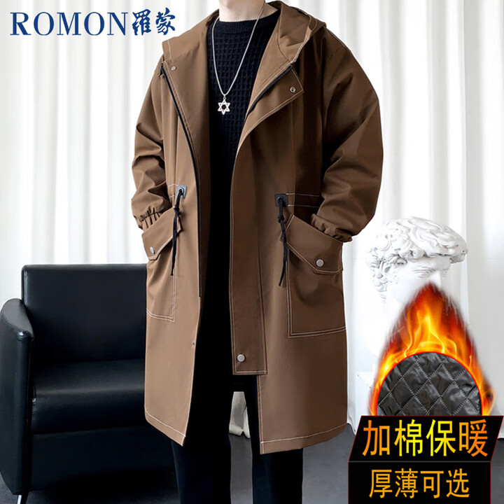 【罗蒙男士风衣】罗蒙（ROMON）男士风衣中长款秋冬加厚加棉连帽风衣外套防风商务外衣卡其3XL【行情 报价 价格 评测】-京东
