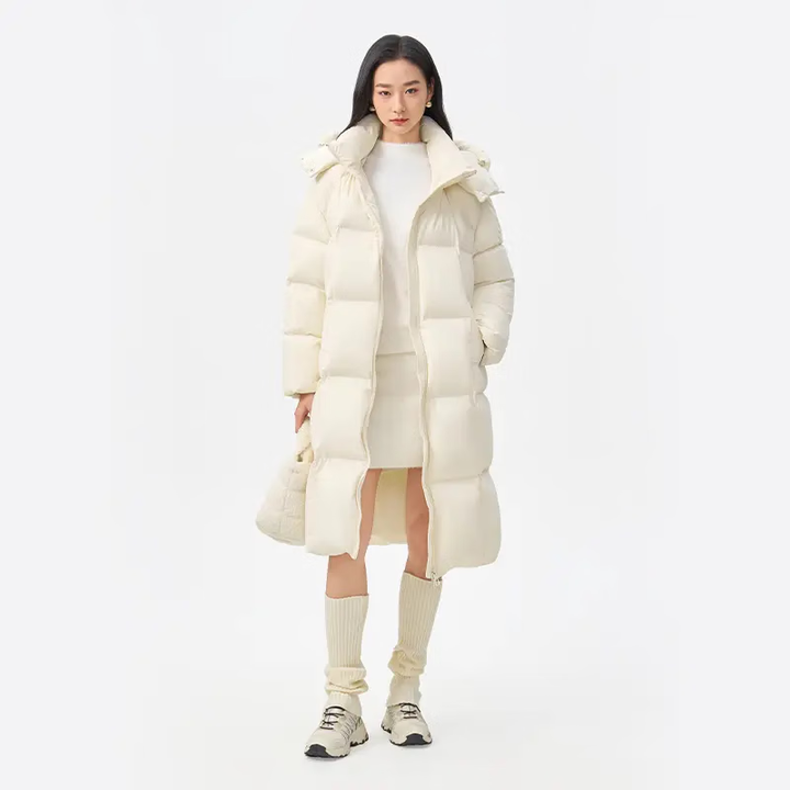 千仞岗（CHERICOM）【丁禹兮同款】千仞岗冬25新款男女休闲连帽时尚长款羽绒服Y31811 奶油白-男 XS 155(XS80-90斤 ...