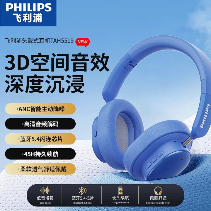 飞利浦（PHILIPS）头戴式无线蓝牙耳机主动降噪耳麦音乐游戏电竞耳机TAH5519 蓝色 【头戴耳麦】HIFI音质/高清通话/低延迟【图片 ...