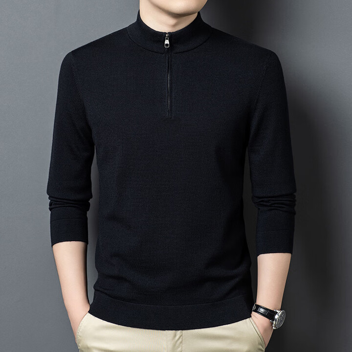 LESS IS MORE利郎精纺羊毛羊绒衫男半高拉链领纯色毛衣中年薄款高支针织打底衫 黑色 XL 175【图片 价格 品牌 报价】-京东