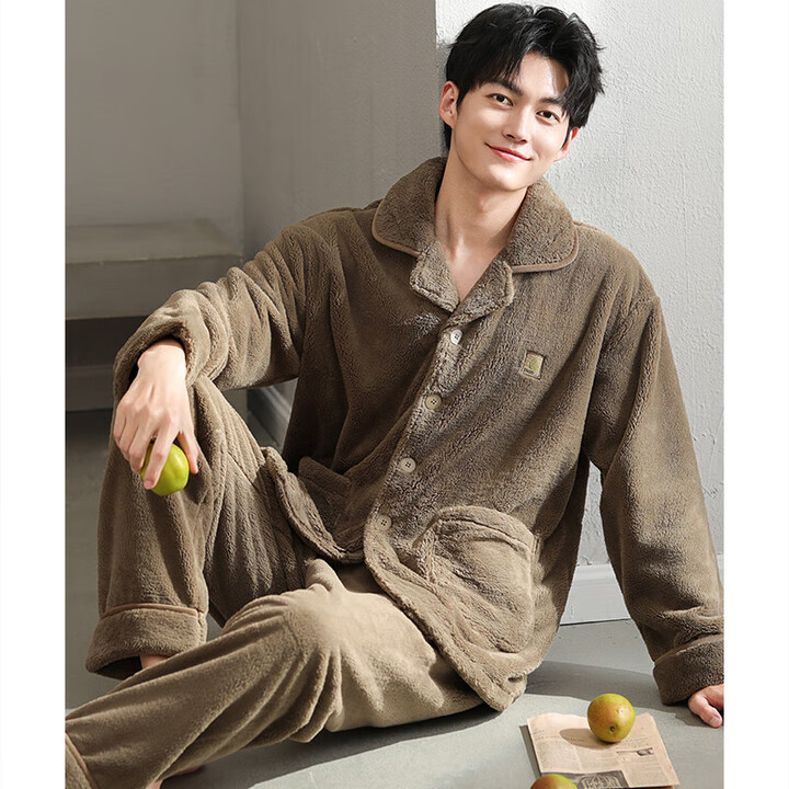Leonisa睡衣男士冬季珊瑚绒男款法兰绒冬天加厚加绒男式秋冬款家居服套装 15025海青-法兰绒 L (170)建议穿着体重120-140斤 ...
