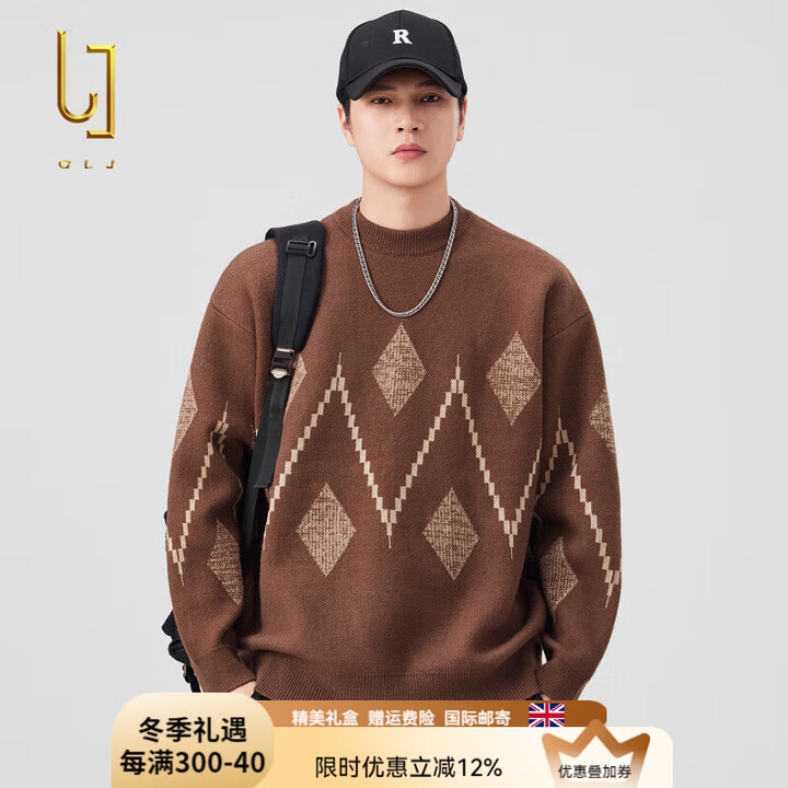 OLJ轻奢品牌圆领提花毛衣男士复古宽松套头针织衫百搭秋冬外套 咖啡色 M【图片 价格 品牌 报价】-京东
