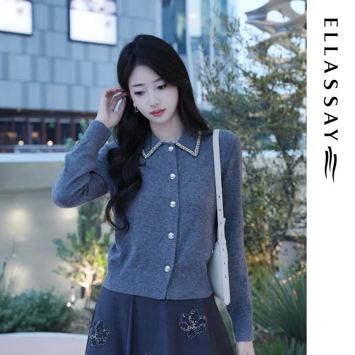 歌力思（ELLASSAY）【臻选羊绒羊毛】商场同款秋冬新款高级钉珠针织衫女EWE366M19300 暗夜灰 XS【图片 价格 品牌 报价】-京东