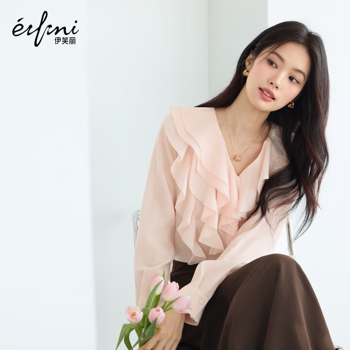 伊芙丽（eifini）伊芙丽披肩领小上衣多层荷叶边对丝工艺衬衫女士2026春季新款 云霜粉 M 105-115斤【图片 价格 品牌 报价】-京东