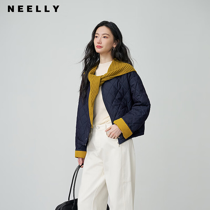 NEELLY纳俪商场同款冬季新款复古文艺菱格短外套女慵懒随性棉衣 藏青色 S【图片 价格 品牌 报价】-京东