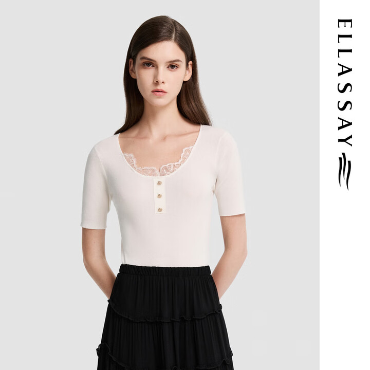 歌力思（ELLASSAY）2026新款云上舞白莱赛尔蕾丝拼接圆领修身套头针织衫女EWB371M008 纯净白 XS【图片 价格 品牌 报价】-京东