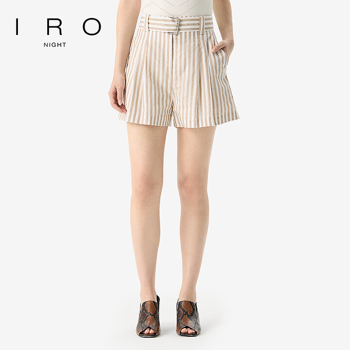 IRO NIGHT 条纹工装短裤含腰带直筒高腰法式轻奢26春季新款 白棕色 M【图片 价格 品牌 报价】-京东