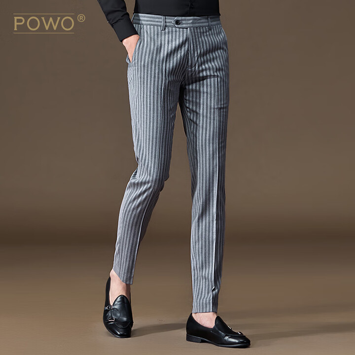 POWO夏季新款商务男士条纹直筒裤子韩版修身休闲百搭正装西裤男装潮流 灰色 32 码（适合135-145斤）【图片 价格 品牌 报价】-京东