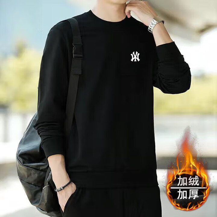 WBWU轻奢高档品牌卫衣男联名春秋冬季圆领加绒宽松上衣服休闲长袖t恤 Y黑色卫衣- 加绒 加厚 M (建议90-110斤)【图片 价格 品牌 ...